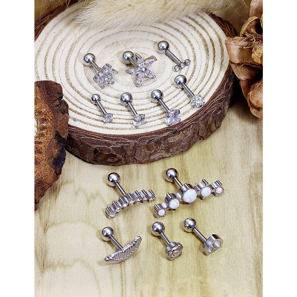 Vsnnsns 16G Cartilage Earrings Tragus Earrings for Women Silver Stainless Steel Forward Helix Earrings Stud Lip Rings Labret Monroe Medusa Barbells Studs Body Piercing Jewelry for Women Men