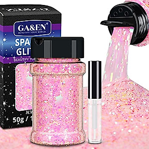 Holographic Chunky Glitter 50g Pink Body Glitter with Multi-Shapes 50g/1.76oz Sparkle Glitter for Body Face Eye Hair Makeup Glitter for Resin Project+Quick Dry Makeup Glue