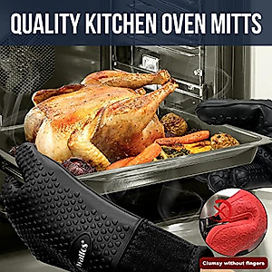 Walfos Grilling Gloves - Heat Resistant Silicone Oven Mitt, Premium Non-Slip Silicone Internal Protective Cotton Layer, Waterproof, Great for Grilling, Kitchen and Cooking (Black)…