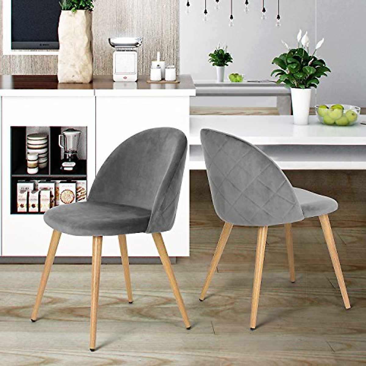 GreenForest Dining Chairs Set of 2, Modern Velvet Kitchen Room Chair Upholstered Accent Leisure Side Chairs with Metal Legs, Gray