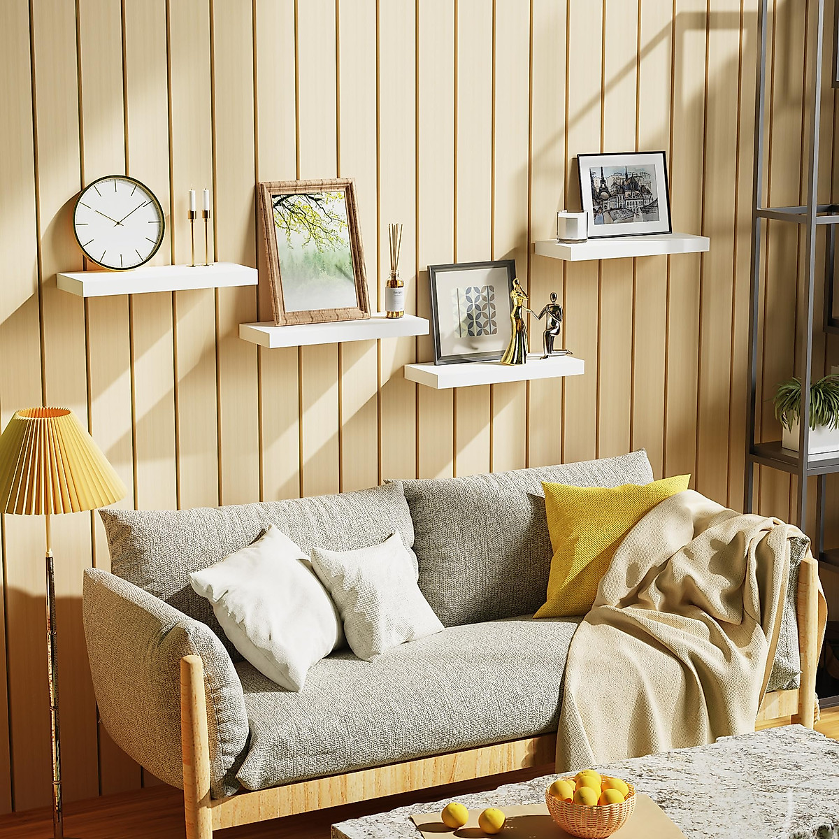 Bellsal Floating Shelves, White Engineered Wood Wall Shelf Set of 2, 15" Wall Mounted Floating Shelf, Hanging Wooden Shelf Invisible with Brackets for Bedroom, Kitchen, Living Room, Bathroom Decor