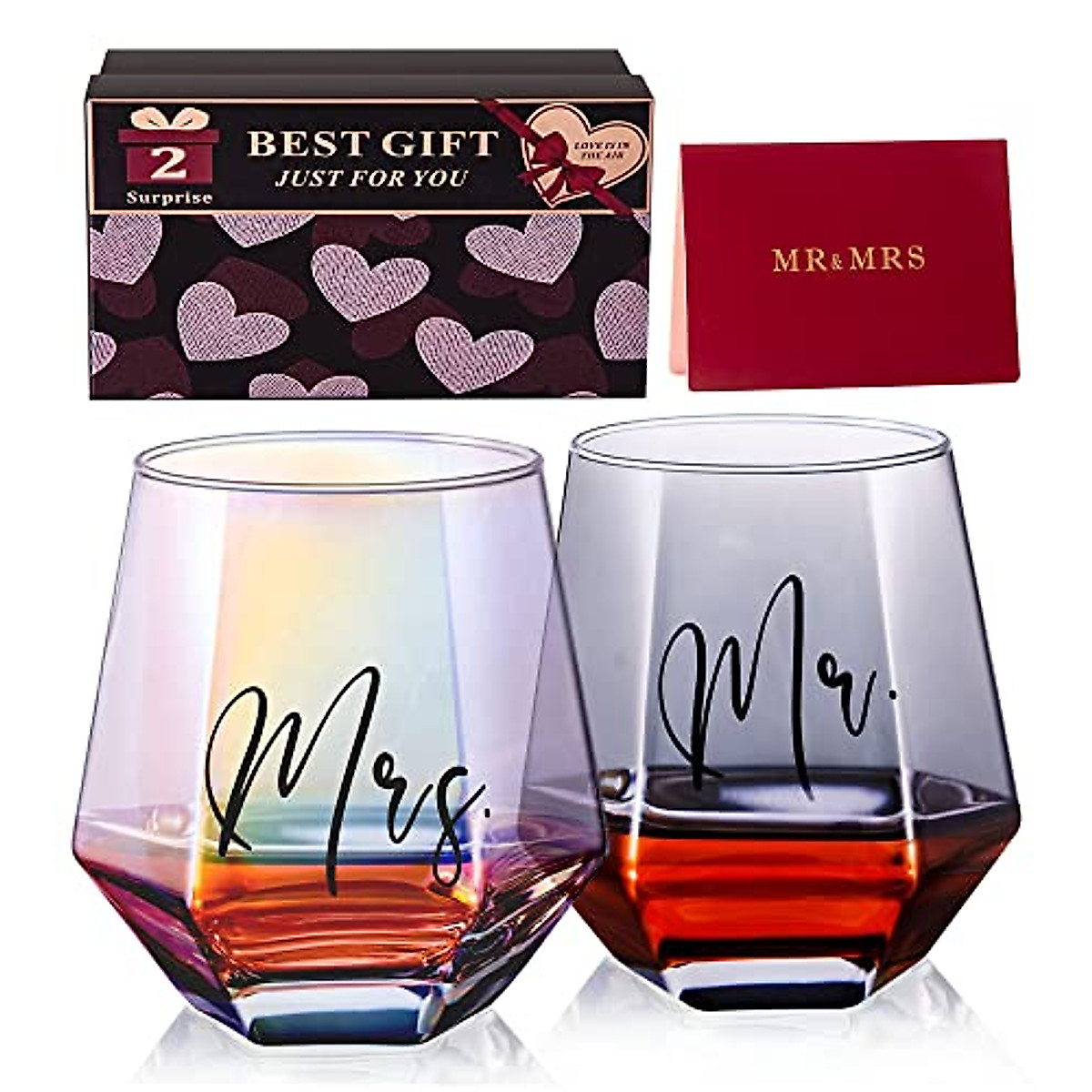 FONDBLOU Wine Glasses Gifts for Mr and Mrs, Wedding Gifts for Bride and Groom, Gifts for Bridal Shower Newlywed Engagement and Anniversary, Couples Gifts for Husband & Wife(12oz*2 Glass)