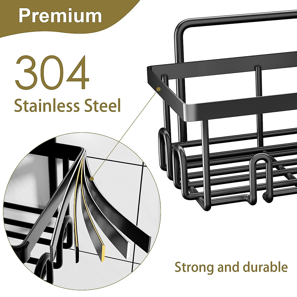 IKOLYS Shower Caddy 2 Packs, Bathroom Shower Organizer Adhesive Shower Basket, Rustproof Stainless Steel Bathroom Shower Storage and Home Decor, Shower Shelf for Bathroom and Kitchen - Black