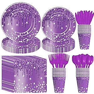 YJRJSC Purple Plates And Napkins Party Supplies - Purple Party Decorations Tableware, Paper Plate, Napkin, Cup, Disposable Cutlery, Glitter Purple Bridal Shower Birthday Table Decorations | Serve 24