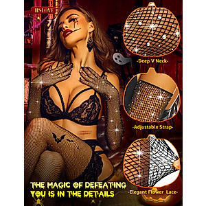 RSLOVE Women Lingerie Fishnet Gloves with Sparkle Rhinestone Mesh Long Gloves Black