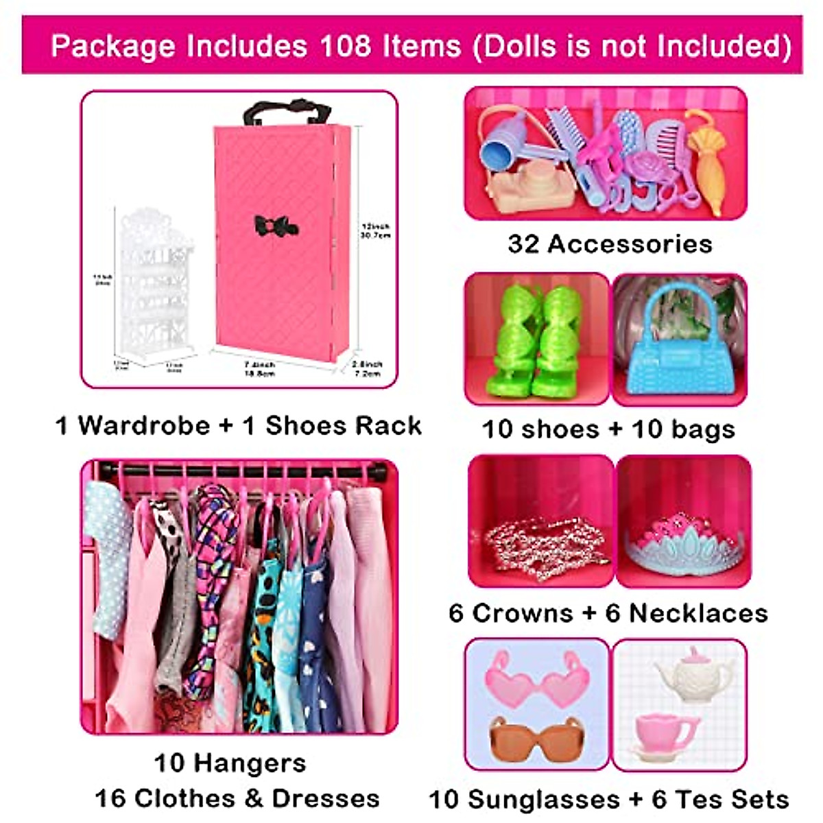 BARWA Fashion Closet Wardrobe 107 Pcs Doll Accessories 16 Pack Doll Clothes 1 Shoes Rack 84 Pcs Different Shoes Hanger Crown Necklace Glasses Doll Accessories Xmas Gift