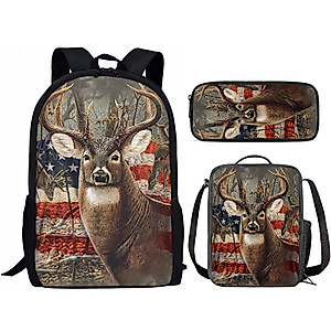 DISNIMO Back to School Backpack Set 3 Pack American Flag Hunting Camo Deer Junior Primary Schoolbag Thermal Lunch Box Pencil Case 3 in 1