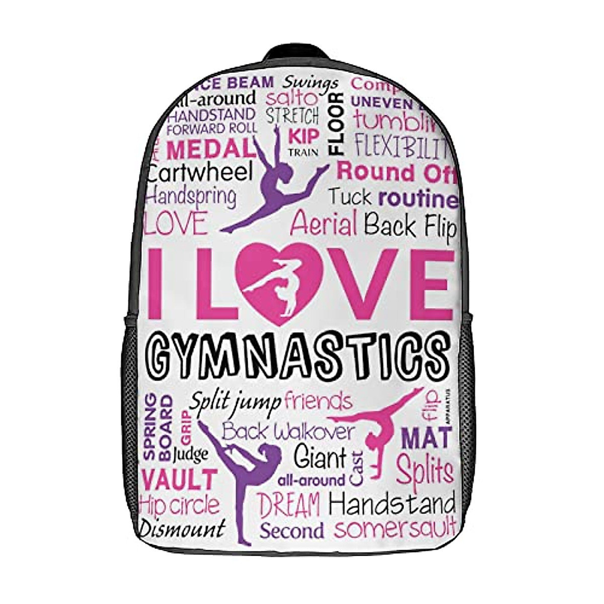 WZOMT I Love Gymnastics School Backpack Gymnast with Inspirational Quotes Hot Purple Pink Rucksack Travel Daypack Elementary Middle College Book Bags for Girls Women Kids Students, Large 17"