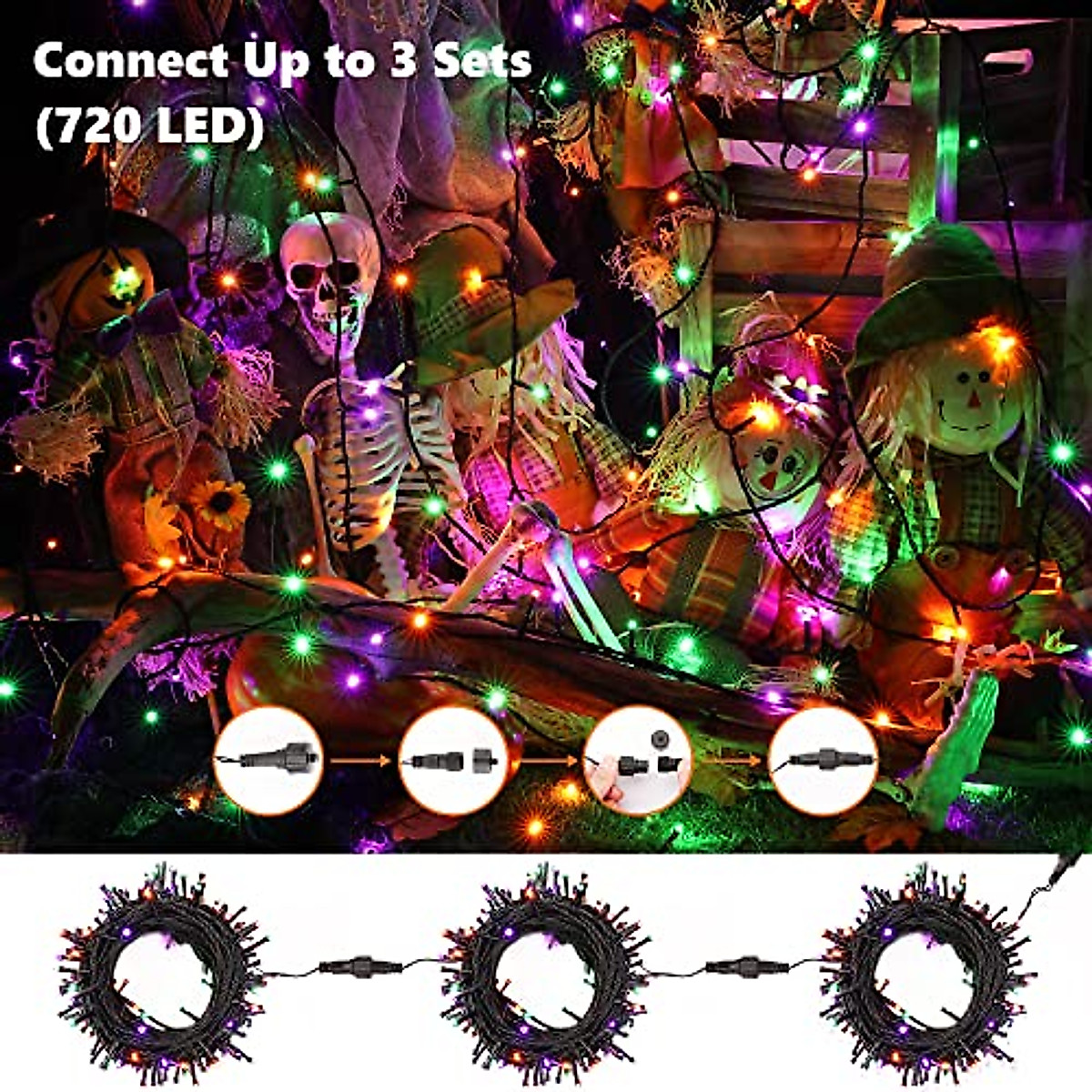 Brizled Mini Halloween Lights, 78.74ft 240 LED String Lights Connectable, 8 Modes Outdoor Halloween Lights, Halloween Tree Lights with Timer for Halloween Carnival Party Decor, Purple & Green & Orange