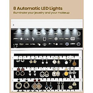 Hzuaneri 8 LEDs Jewelry Cabinet Armoire, 64.8-inch Jewelry Organizer with 1 Garment Rack, Lockable Full-length Mirror with 4 Wheels, Storage Shelves with Hooks, 5-in-1 Multifunctional, White JC17003B
