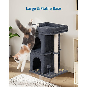 Aechonow Cat Tree for Large Cat, 19 * 16.5In Large Cat Perch, Adult Cat Tower for Indoor Cats with 24In Long Scratching Post, 2 Cozy Cat Condo House for Adult & Fat Cats, Dark Gray