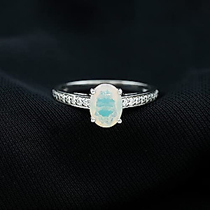 Certified Natural Opal 6X8mm Oval Shape Engagement Ring with Diamond, AAA Quality - With Jewelry Box, 14K White Gold, Size:US 6.00