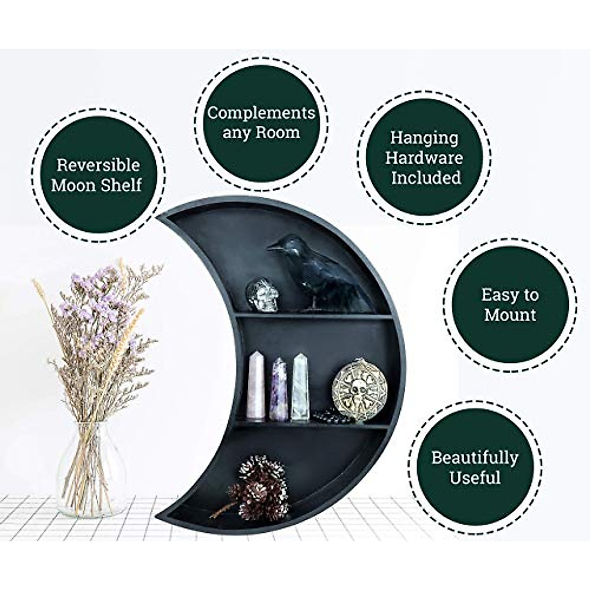 MUDHEN Black Crescent Moon Shelf for Crystals, Essential Oils, and Gothic Decor - Moon Shaped Shelf - Crystal Shelf - Bohemian Decor, Moon Wall Decor for Bedroom, Dorm, Living Room, Nursery