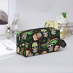 Women Lightweight Makeup Bag Pouch Compatible with Mexican Hat Twigs Flowers Day Dead Sugar Skulls Toiletry Bag, Funny Travel Cosmetic Bag Portable Bag with Zip for Office College