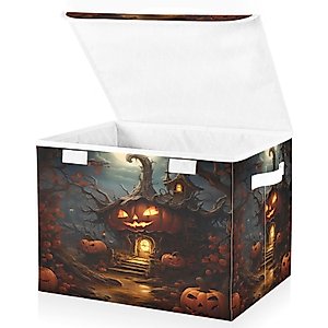 SUABO Halloween Pumpkin Castle Storage Bin with Lid Large Oxford Cloth Storage Boxes Foldable Home Cube Baskets Closet Organizers for Nursery Bedroom Office
