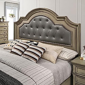 Furniture of America Apollinarius Transitional Wood 3-Piece Set, Tufted Headboard King-Size Bed and 3-Drawer Nightstand for Bedroom, Antique Warm Gray