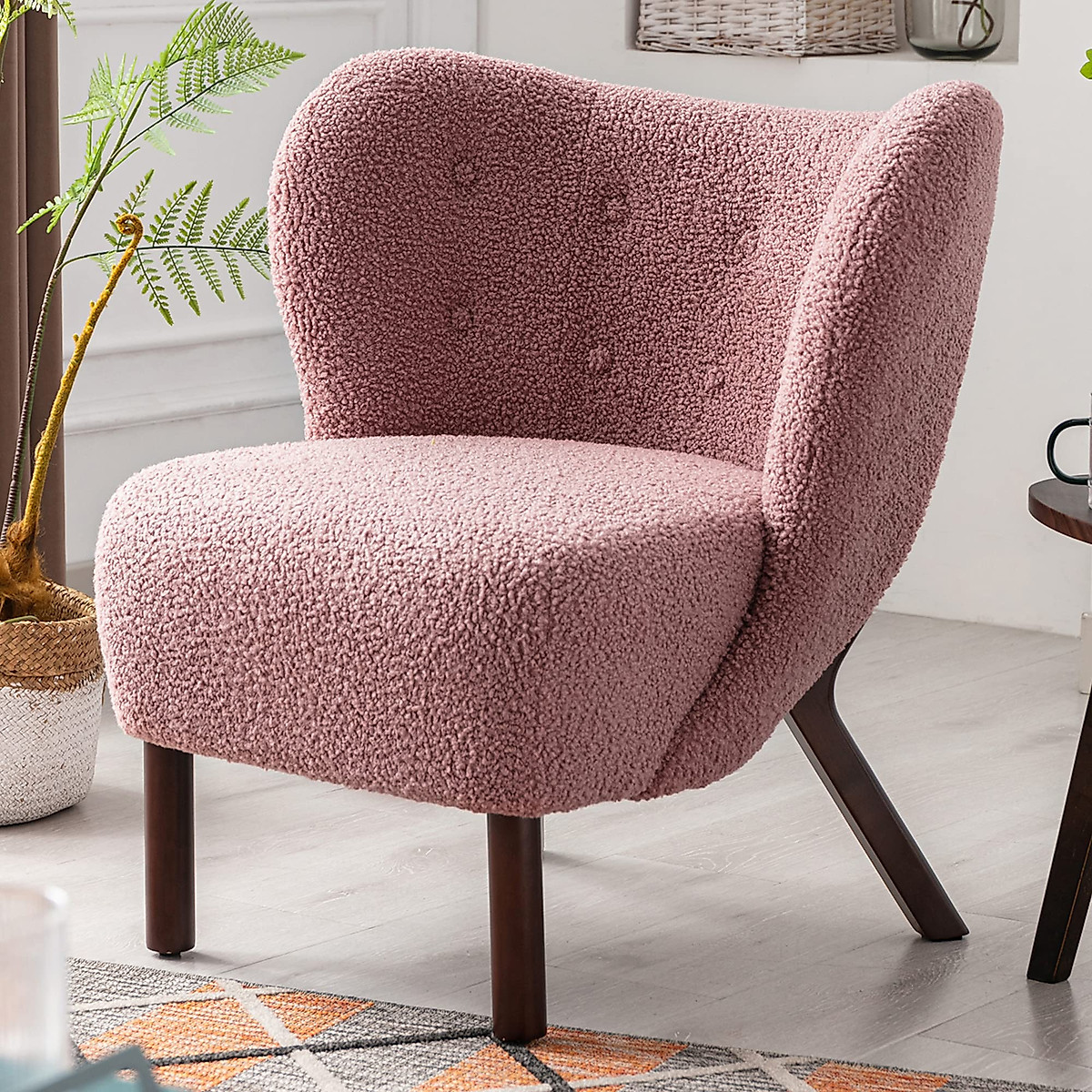 ViolaDresses Modern Accent Chair Lambskin Sherpa Wingback Tufted Side Chair with Solid Wood Legs for Living Room Bedroom，Blush