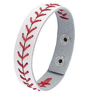 HZMAN Leather Softball Baseball Bracelets by Athletes Bangle Cuff Wristband, 3 Pcs White Black Yellow Ste (White)