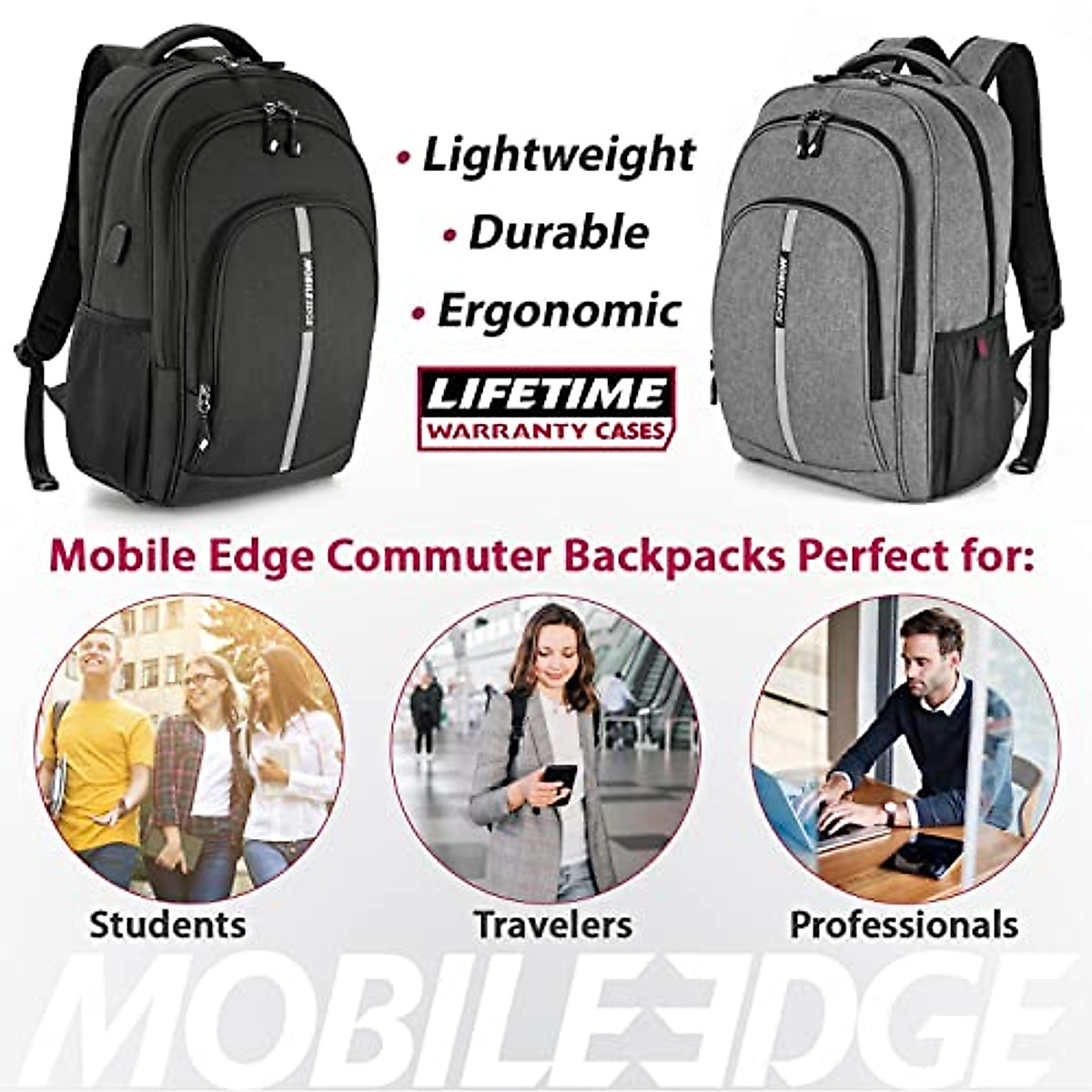 Mobile Edge Commuter Laptop Backpack for Men and Women, 16 Inch Computer Bag for Travel, Work, Commuting, with USB Charging Port, Lightweight, Black