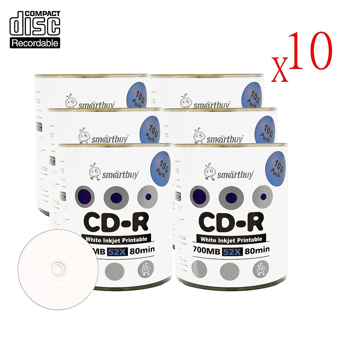 Smartbuy 6000-disc 700mb/80min 52x CD-R White Inkjet Hub Printable Blank Recordable Media Disc