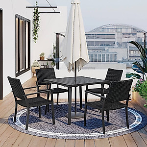 Outdoor Patio PE Wicker 5-Piece Dining Table Set with Umbrella Hole Garden