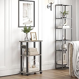 TUTOTAK Small Narrow Side Table with Charging Station, Set of 2 Skinny End Table for Small Spaces, Slim Nightstand with USB Ports and Outlet,Sofa Beside Table with Wheels, Greige TB01BG047