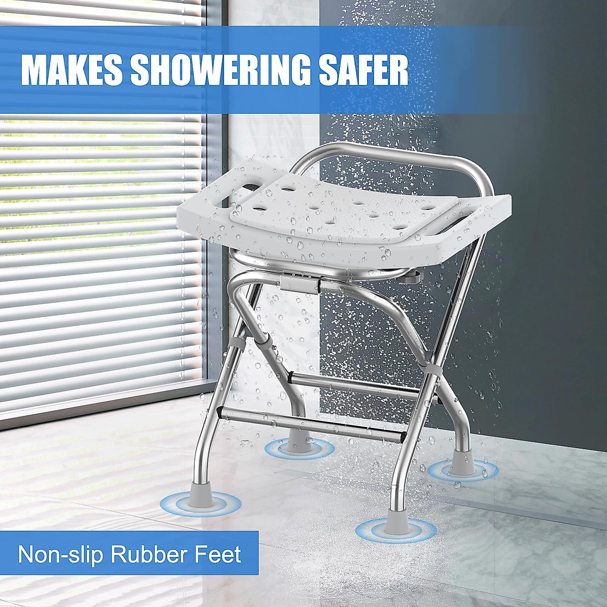 UGarden Height Adjustable Folding Shower Chair Seat, Stainless Steel Shower Chair for Inside Shower w/Crossbar, 400LB Portable Travel Shower Stool, Safety Anti-slip Bath Chair for Seniors, Adults,Gray