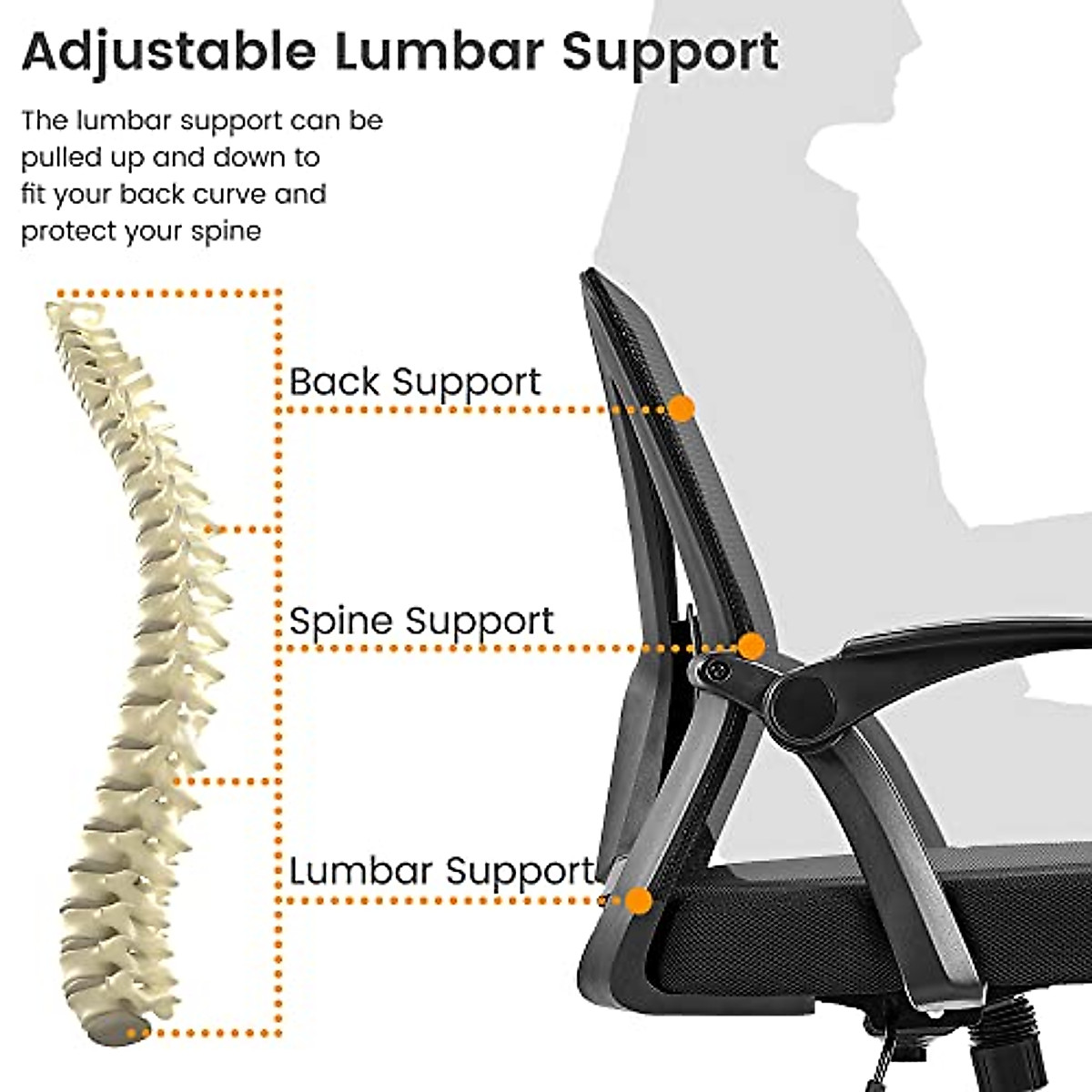 Yaheetech Home Office Chair Work Desk Chair Swivel Computer Mesh Chair with Flip-up Arms Adjustable Height Lumbar Support Executive Office Task Chair for Home Office Students Study, Black