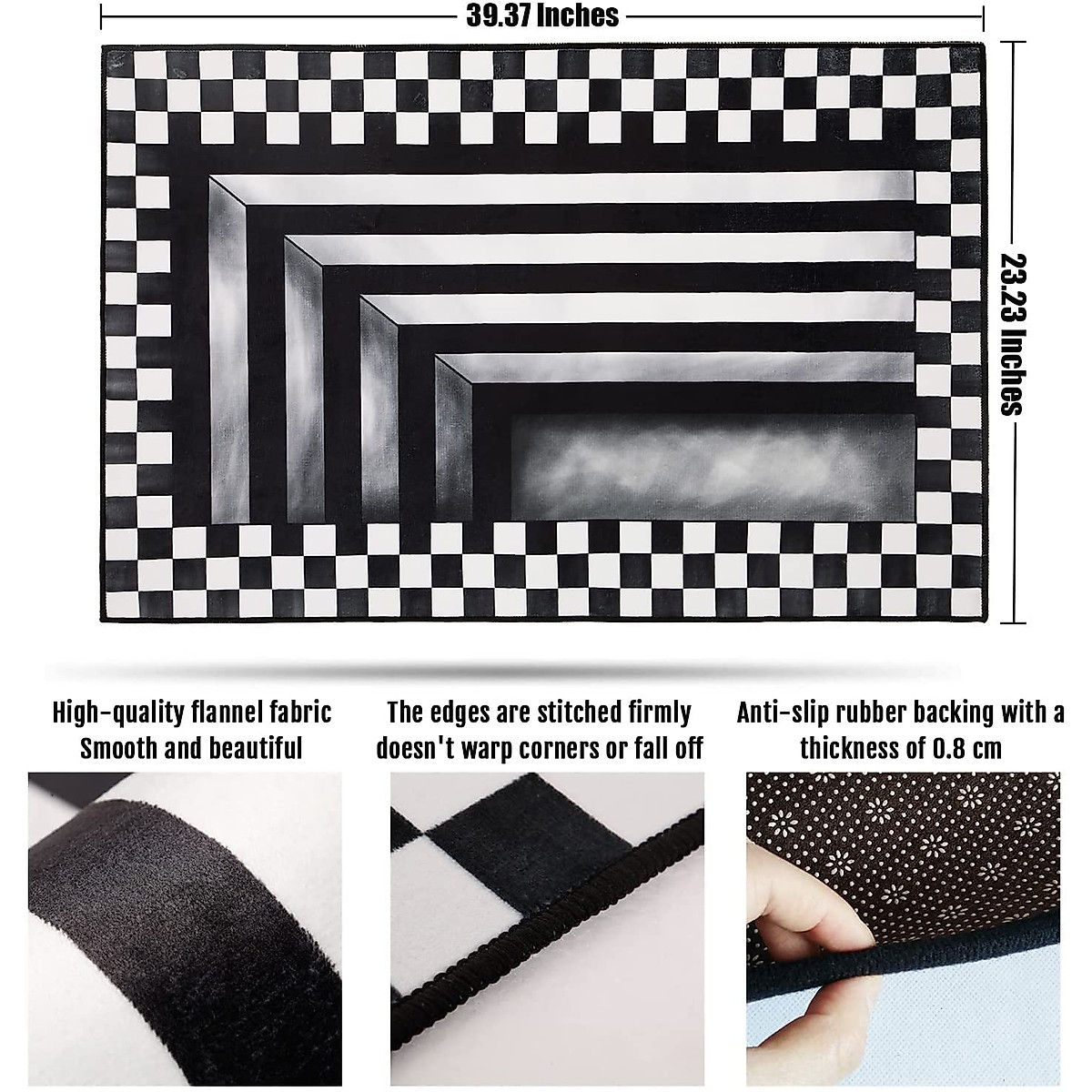 3D Vortex Illusion Square Rug Outdoor Mat Black and White Checkerboard Trap Floor Mat Decor Indoor Carpet Vortex Rug16X24inchs