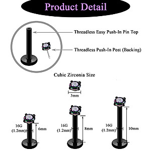 Pierstyles 20G 18G 16G Threadless Push in Lip Ring Stainless Steel 3mm Clear CZ Stud Top 6mm 8mm 10mm Labret Tragus Nose Cartilage Daith Stud Earring Flat Back Monroe Piercing Jewelry for Women Men,