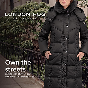 LONDON FOG Women's Chevron Coat with Faux Fur Trimmed Hood, Black, Medium