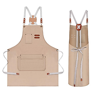 Aprons for Men Women With Pockets, Adjustable Cross Back Cooking Kitchen Apron - beige -