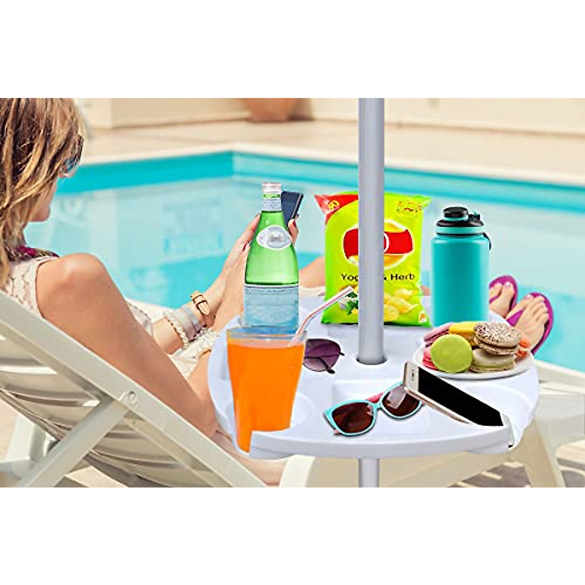 AMMSUN 17" Beach Umbrella Table Tray with 4 Cup Holders, 4 Snack Compartments for Beach, Patio, Garden, Swimming Pool 17 Inch, White