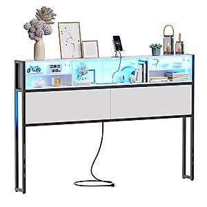 PAKASEPT Headboard Queen Size, Queen Headboards with Outlets, USB Ports and RGB LED Light, 4-Tier Storage Queen Head Board Only for Queen Size Bed, Height Adjustable, White