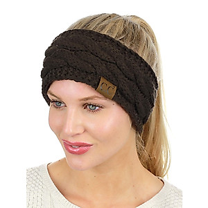 C.C Soft Stretch Winter Warm Cable Knit Fuzzy Lined Ear Warmer Headband, Brown