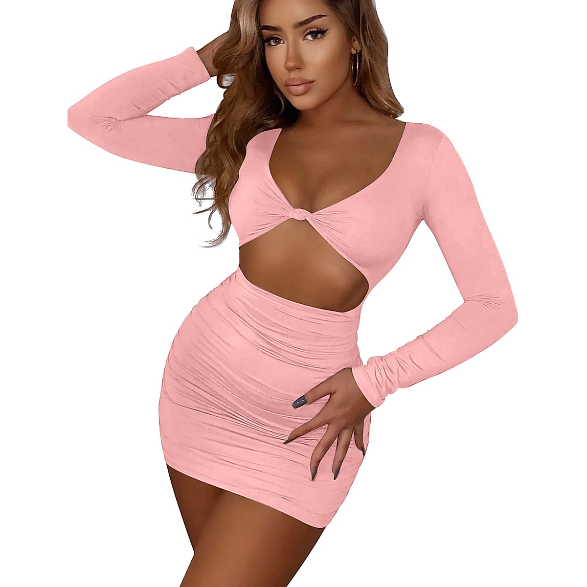 Kaximil Women's Sexy Bodycon Long Sleeve Cut Out Ruched Mini Club Party Dresses, Medium, Pink
