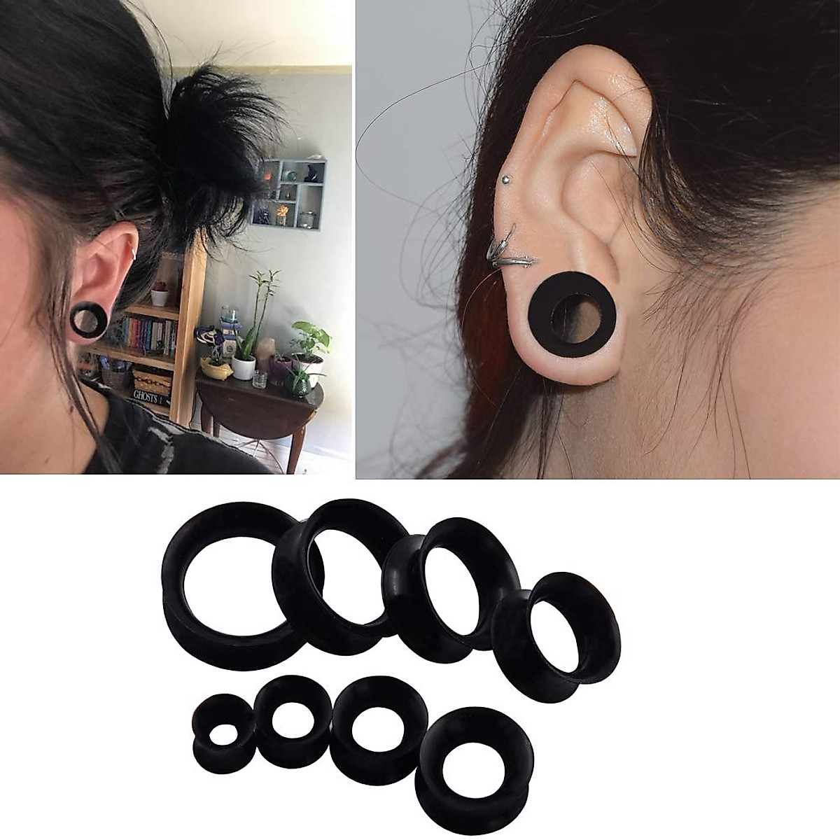 Qmcandy 2 Pair Black Thin Silicone Flexible Ear Skin Hollow Tunnels Plugs Earlets Piercing 00g