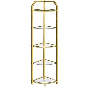 HOOBRO 5-Tier Corner Shelf Stand, Gold Corner Bookshelf, Tempered Glass Shelves, Corner Plant Stand, for Living Room, Bedroom, Study, Bathroom, Balcony, Modern Style, Gold GD14CJ01