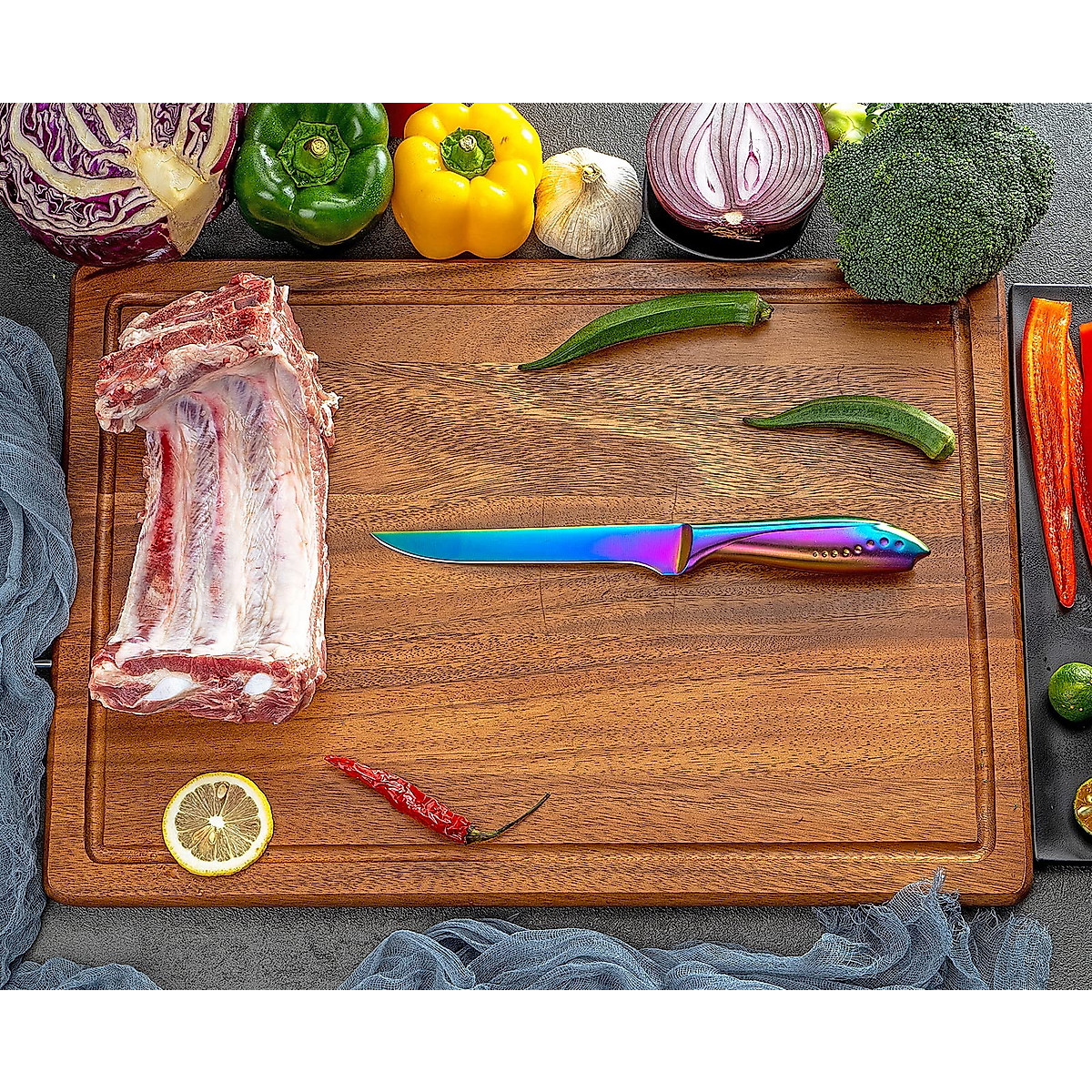 WELLSTAR Boning Knife 6 Inch, Razor Sharp German Steel Fillet Knife for Trimming Brisket/Rib/Steak/Meat, Deboning Chicken, Processing Fish/Game Meat, Rainbow Titanium Coating, Strong Durable Handle