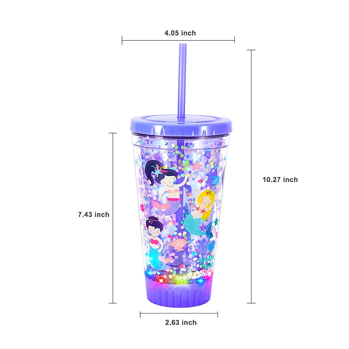 GILANO 18oz Kids Tumbler Water Drinking Bottle with LED Light Up - BPA Free, Straw Lid Cup, Reusable, Lightweight, Spill-Proof Water Bottle with Cute Design for Girls & Boys (Mermaid)