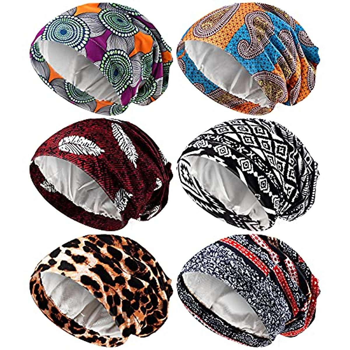 6 Pieces Satin Lined Sleep Cap for Women African Silk Bonnet Beanie for Sleeping Hair Natural Curly Hat (Elegant Patterns)