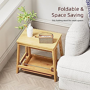 BEKVEM Bamboo Folding Step Stool with Sturdy Structure and Wide Stepping Surface for Safety, Multi-Purpose Foldable Step Stool, Step Ladder for Bathroom,Bedroom,Kitchen (Standard Bamboo, Small)