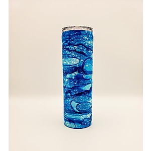 Blue White Pebble Bubble NO Glitter Alcohol Ink 30 oz Skinny Stainless Steel Hot Ice Cold Tumbler Drink Cup HOGG