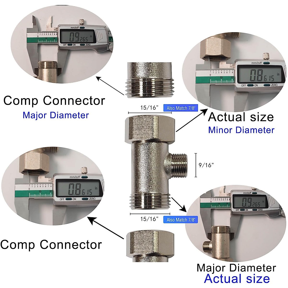 Bidet T Adapter - T Valve Adapter for Bidet, 15/16″ x 15/16″ x 9/16″ or 7/8″ x 7/8″ x 9/16″, Brass Coated Nickel, 3 Way Adapter or Tee Connector
