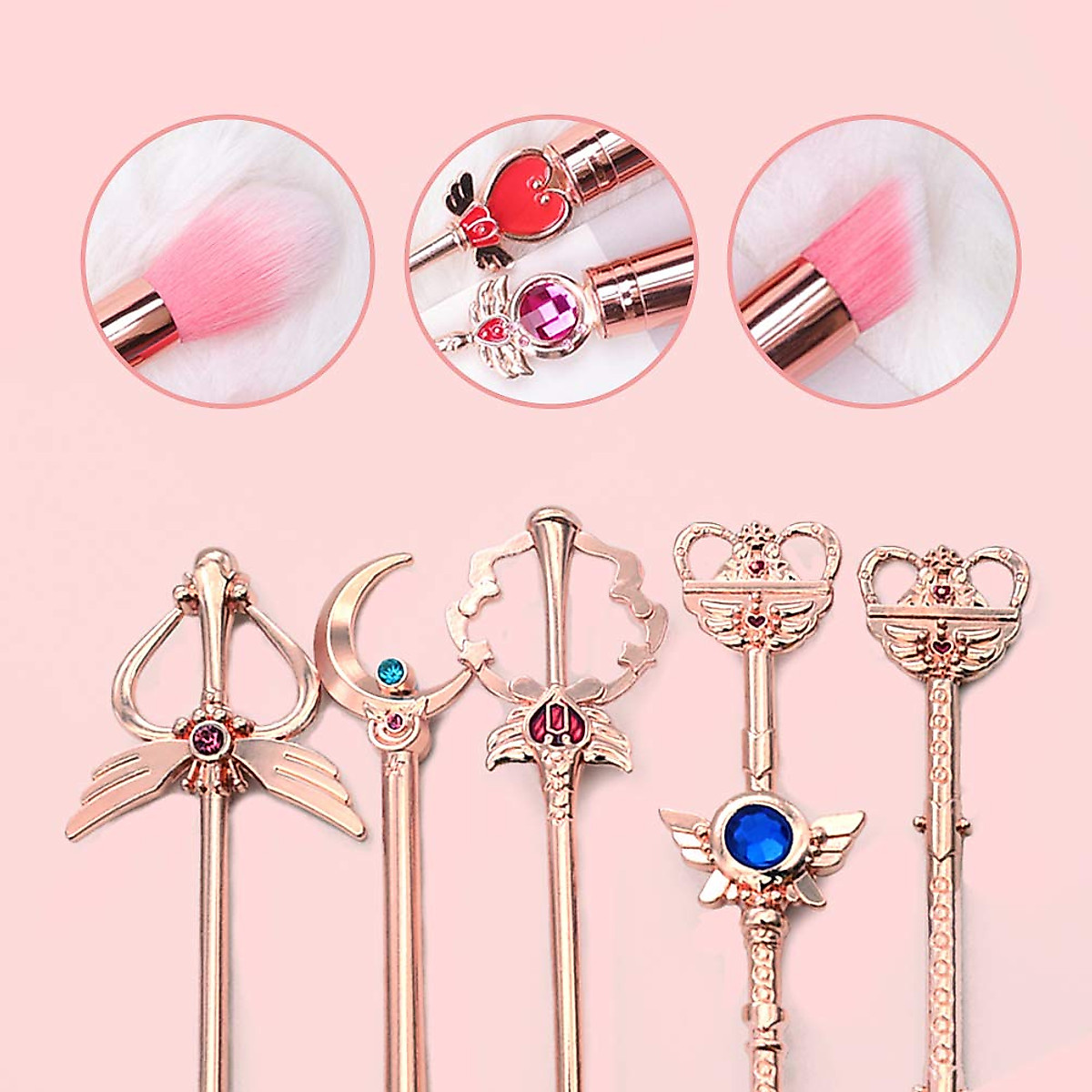 KUASU Sailormoon Makeup Brush Set w/Pouch - Rose Gold Cosmetic Brushes With Sailormoon Gems (MJ155)。