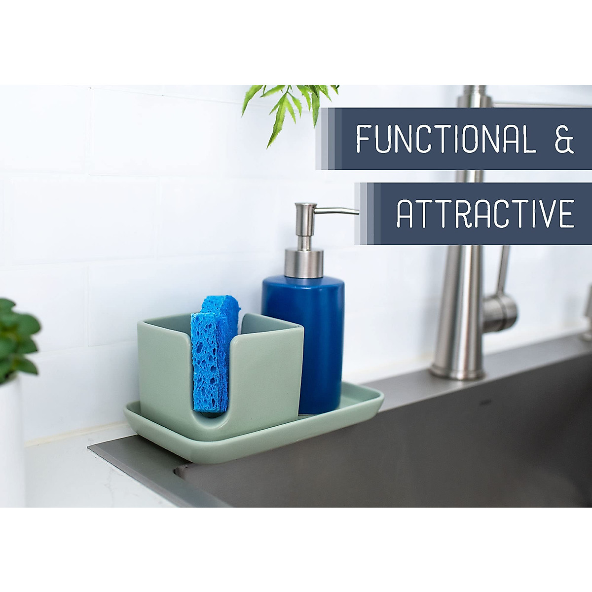 Nat & Jules Kitchen & Bathroom 8 x 4.5 Ceramic Sink Caddy Set of 2 - Stylish Household Essentials for Organization and Storage for Shower, Mudroom, Bath & Kitchen Counter Sink, Sage Green