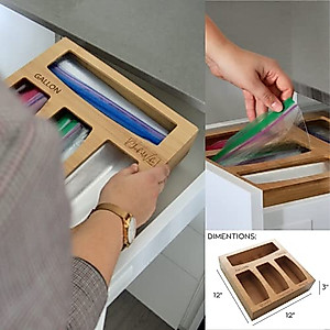 CHEF'S WIFE Ziplock Bag Storage Organizer for the Kitchen Drawer - Eco Friendly Bamboo Plastic Baggie Container - Compatible with Ziploc, Glad, Solimo, Hefty for Snack, Sandwich, Quart & Gallon Sizes