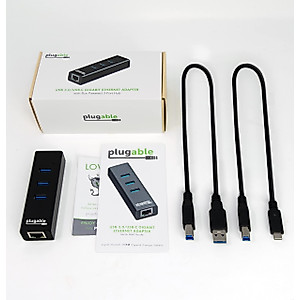 Plugable USB Hub with Ethernet, 3 Port USB 3.0 Bus Powered Hub with Gigabit Ethernet Compatible with Windows, MacBook, Linux, Chrome OS, Includes USB C and USB 3.0 Cables