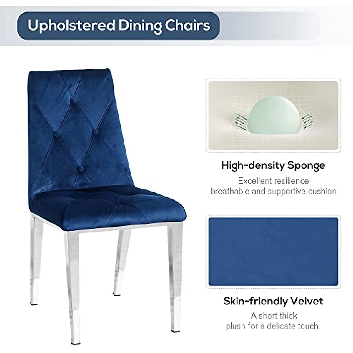 Ufurpie Dining Room Chairs with Velvet Fabric Dining Chairs Set of 2 with Chrome Legs,Backrest and Button Velvet Fabric Design,Luxury Home Furniture for Dining Room and Kitchen(Set of 2) (Blue)