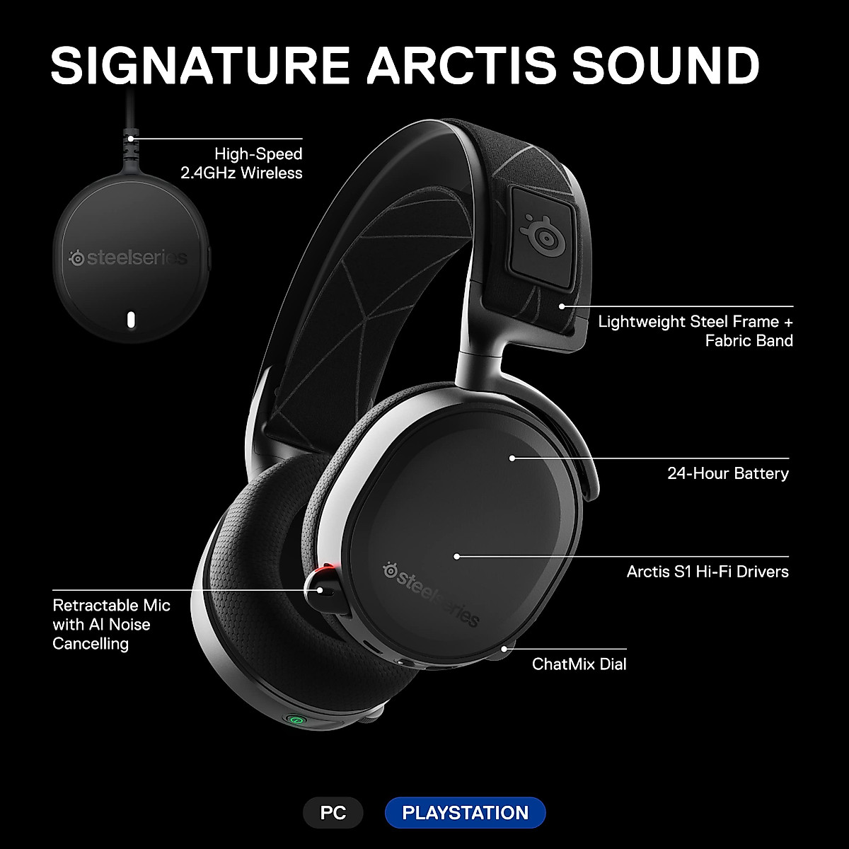 SteelSeries Arctis 7 - Lossless Wireless Gaming Headset with DTS Headphone: X v2.0 Surround - for PC and PlayStation 4 - Black